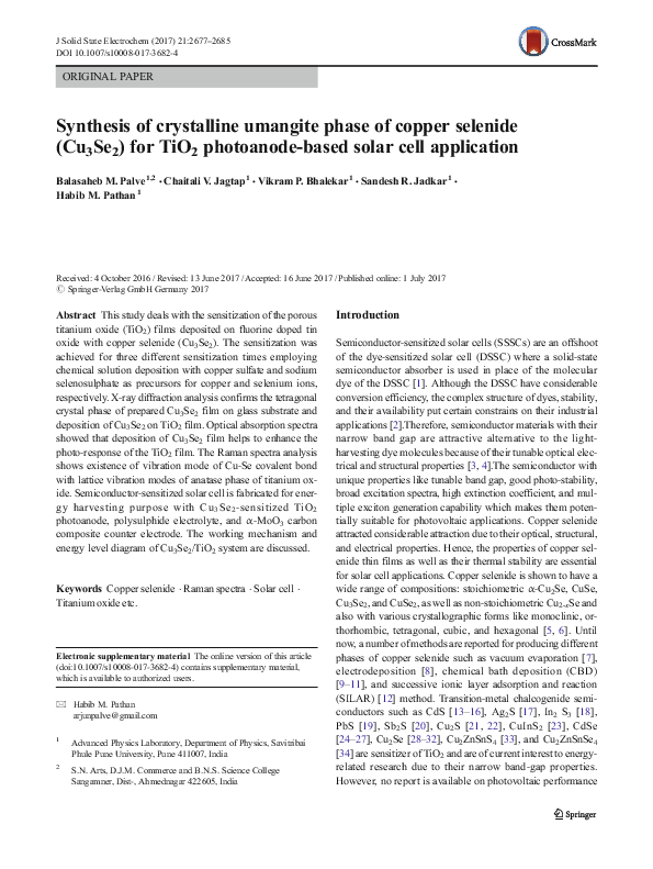 (PDF) Synthesis of crystalline umangite phase of copper selenide (Cu 3 Se 2 ) for TiO 2 ...