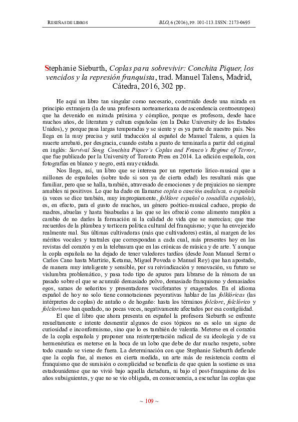 (PDF) Stephanie Sieburth, Coplas para sobrevivir: Conchita Piquer, los vencidos y la represión ...