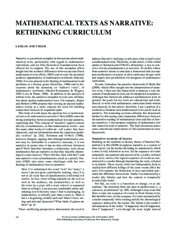 (PDF) Mathematics texts as narrative: Rethinking curriculum