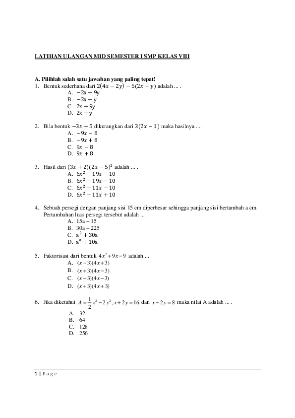 (PDF) LATIHAN ULANGAN MID SEMESTER I SMP KELAS VIII | Ries Manto ...