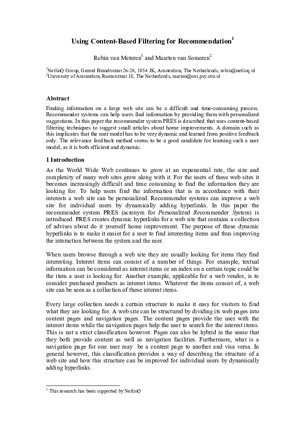 (PDF) Using Content-Based Filtering for Recommendation 1