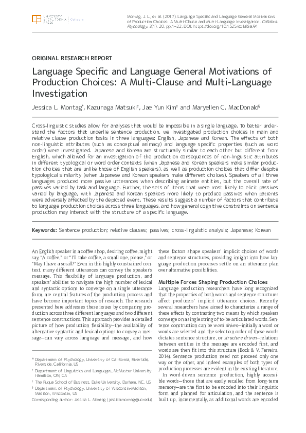 Pdf Language Specific And Language General Motivations Of Production Choices A Multi Clause 