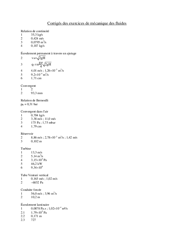 (PDF) Corrigés des exercices de mécanique des fluides
