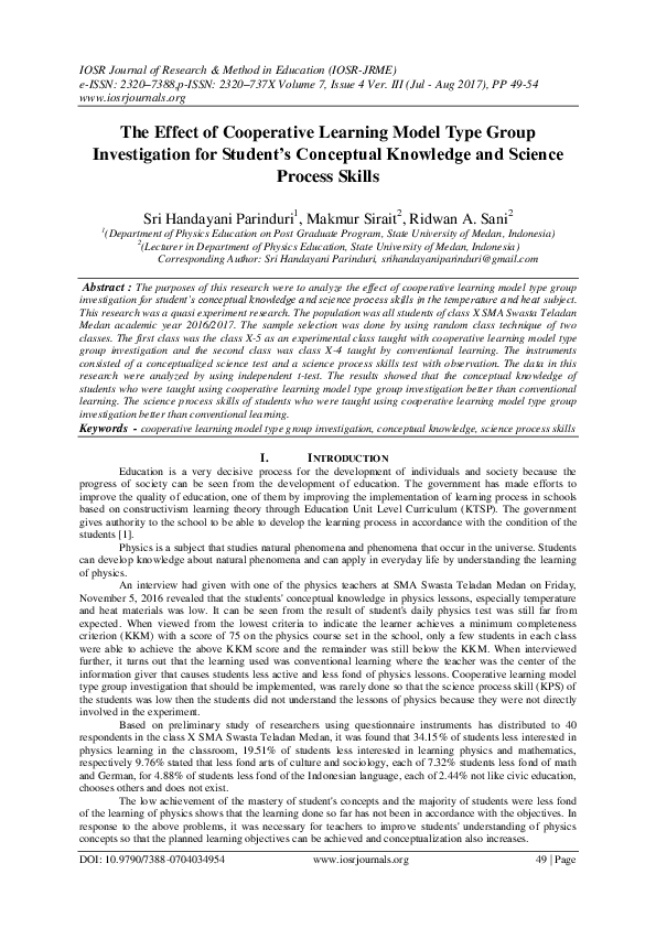 (PDF) The Effect of Cooperative Learning Model Type Group Investigation for Student's Conceptual ...