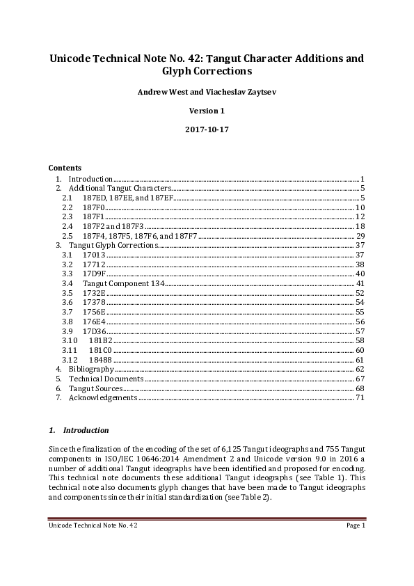 (PDF) West, Andrew and Viacheslav Zaytsev 2017. Unicode Technical Note No. 42: Tangut Character ...