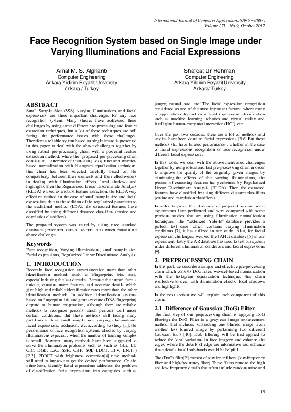 (PDF) Face Recognition System based on Single Image under Varying Illuminations and Facial ...