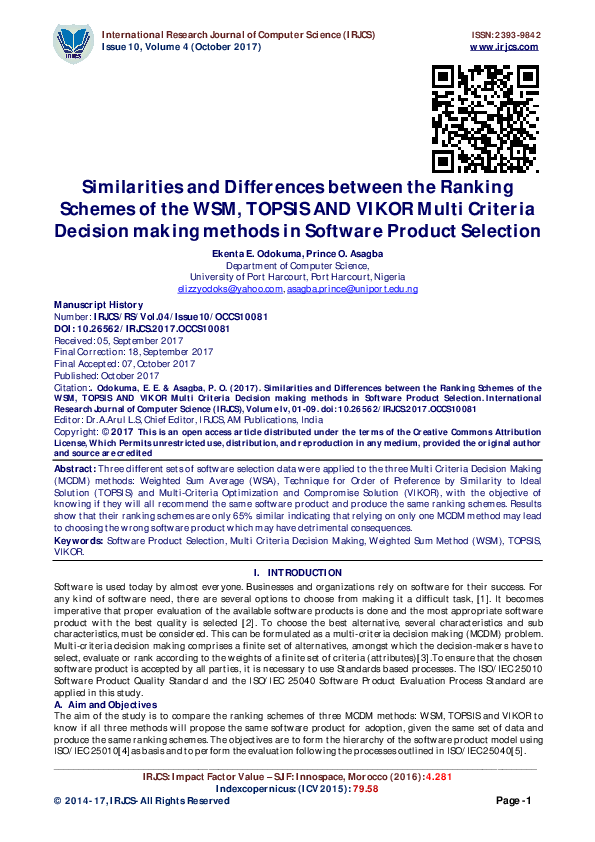 Pdf Similarities And Differences Between The Ranking Schemes Of The Wsm Topsis And Vikor