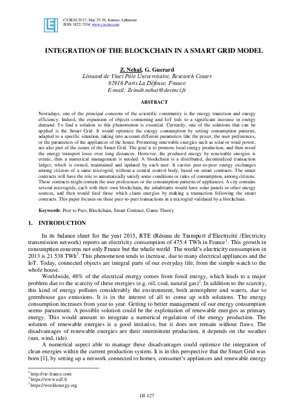 (PDF) INTEGRATION OF THE BLOCKCHAIN IN A SMART GRID MODEL