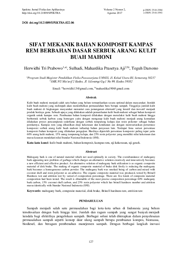 (PDF) SIFAT MEKANIK BAHAN KOMPOSIT KAMPAS REM BERBAHAN DASAR SERBUK ARANG KULIT BUAH MAHONI
