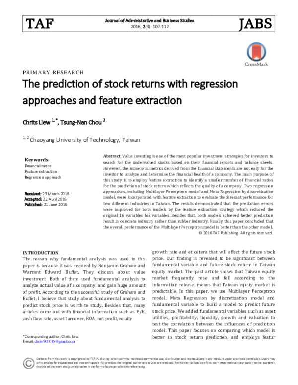 (PDF) The prediction of stock returns with regression approaches and ...