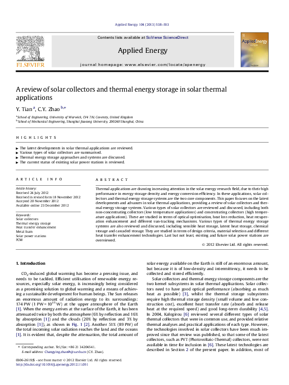 (PDF) A review of solar collectors and thermal energy storage in solar ...