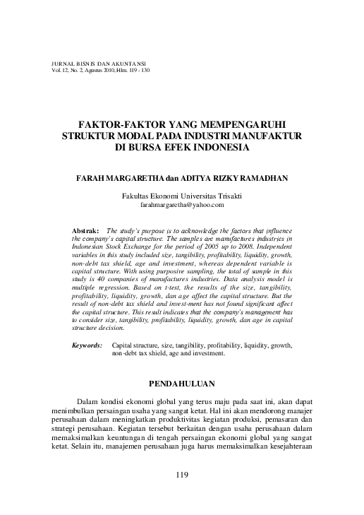 (PDF) FAKTOR-FAKTOR YANG MEMPENGARUHI STRUKTUR MODAL PADA INDUSTRI MANUFAKTUR DI BURSA EFEK ...