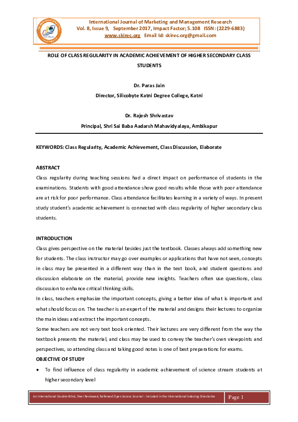 (PDF) ROLE OF CLASS REGULARITY IN ACADEMIC ACHIEVEMENT OF HIGHER ...