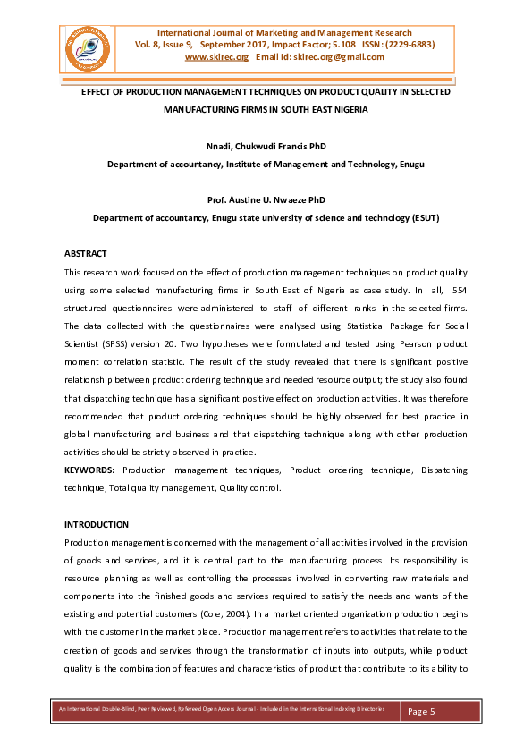 EFFECT OF PRODUCTION MANAGEMENT TECHNIQUES ON PRODUCT QUALITY IN ...