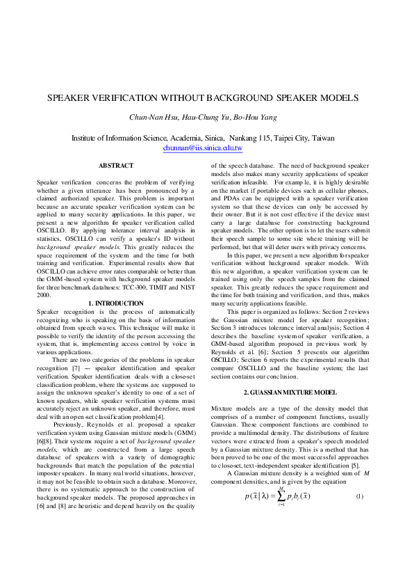 (PDF) Speaker verification without background speaker models