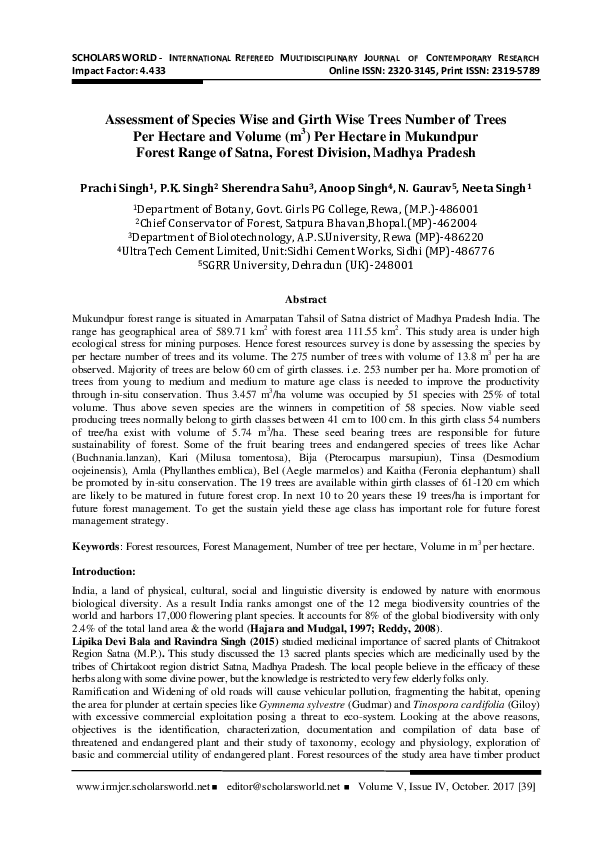(PDF) Assessment of Species Wise and Girth Wise Trees Number of Trees