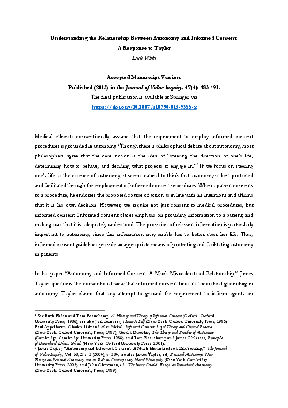 (PDF) Understanding the Relationship Between Autonomy and Informed Consent: A Response to Taylor