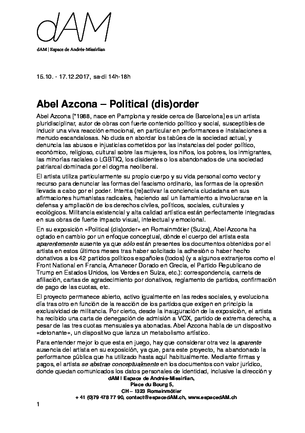 (PDF) Abel Azcona – Political (dis)order | Espace de Andrés-Missirlian Romainmôtier - Academia.edu