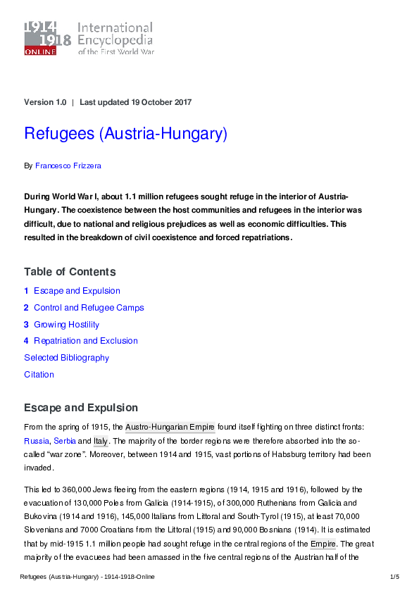 (PDF) Frizzera, Francesco: Refugees (Austria-Hungary) , in: 1914-1918 ...