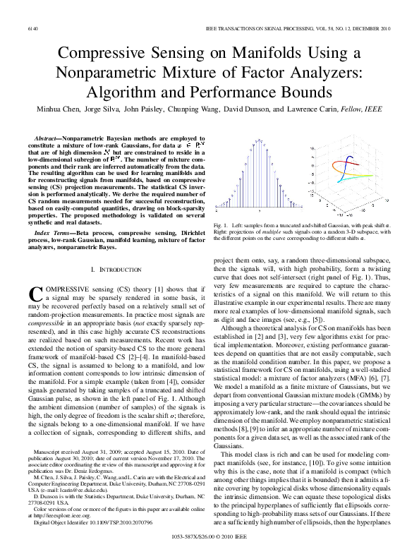 (PDF) Compressive Sensing on Manifolds Using a Nonparametric Mixture of Factor Analyzers ...
