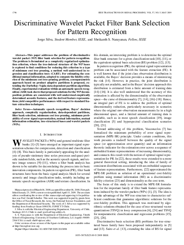 (PDF) Discriminative Wavelet Packet Filter Bank Selection for Pattern Recognition