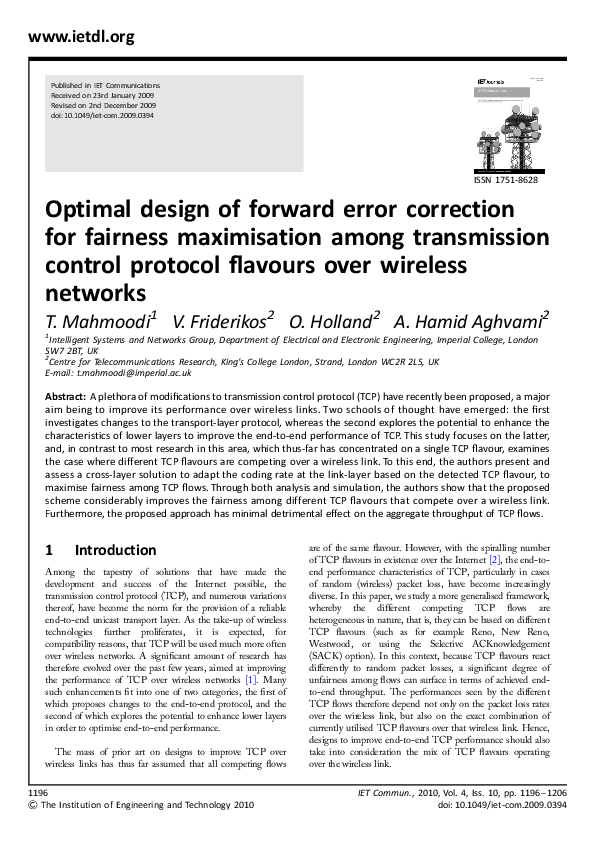 Pdf Optimal Design Of Forward Error Correction For Fairness Maximisation Among Transmission