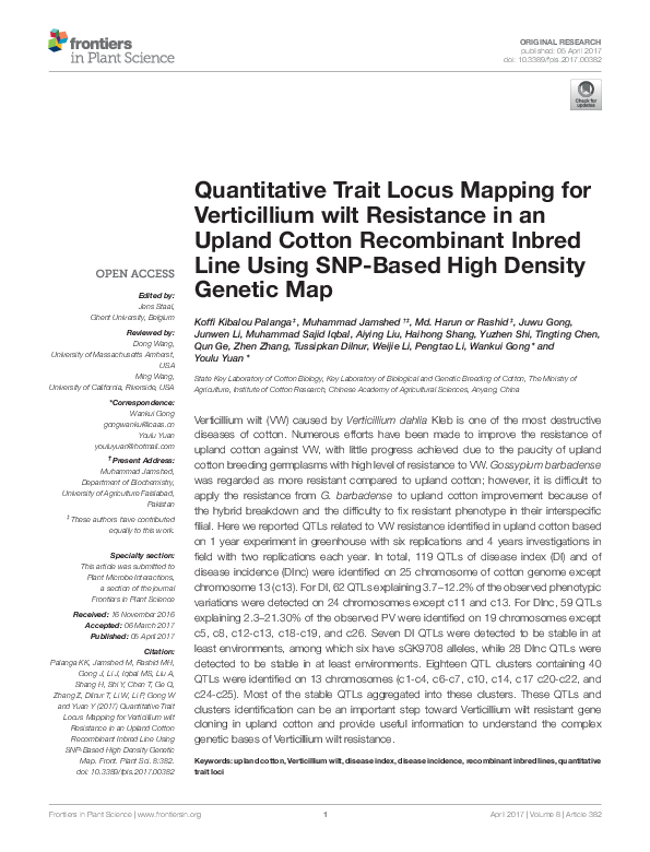 (PDF) Quantitative Trait Locus Mapping for Verticillium wilt Resistance ...