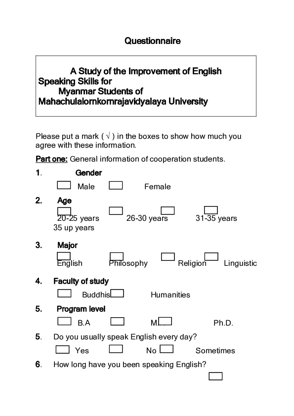 (DOC) Questionnaire A Study of the Improvement of English Speaking ...