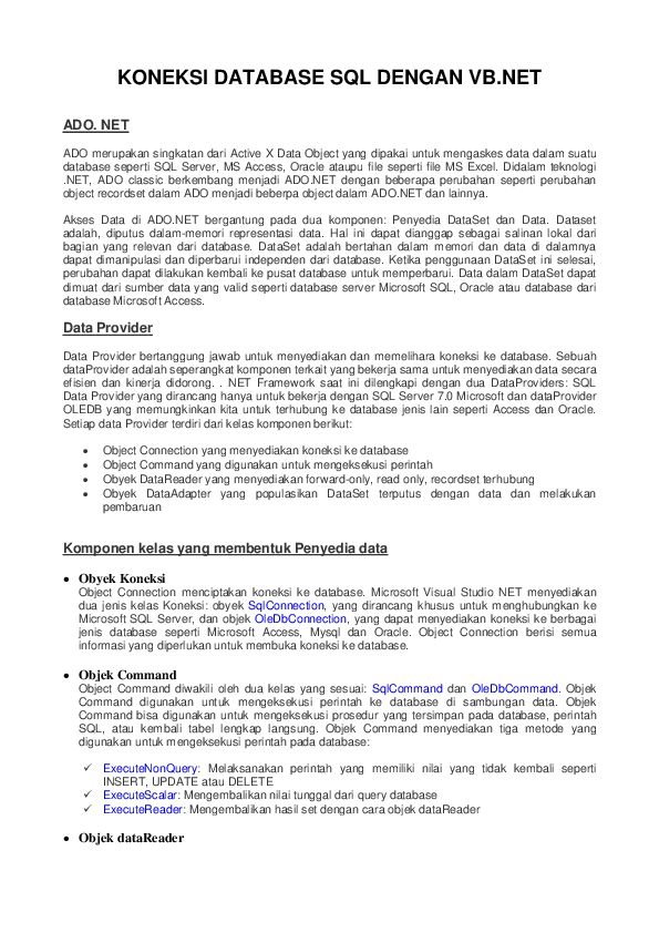 (PDF) KONEKSI DATABASE SQL DENGAN VB.NET ADO. NET (PDF) KONEKSI DATABASE SQL DENGAN VB.NET ADO. NET