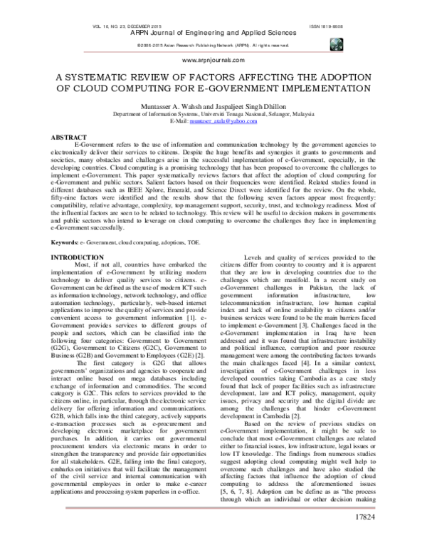 (PDF) A Systematic Review Of Factors Affecting The Adoption Of Cloud Computing For E-Government ...