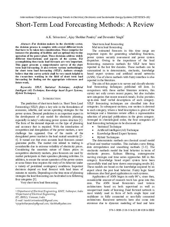 Pdf Short Term Load Forecasting Methods A Review