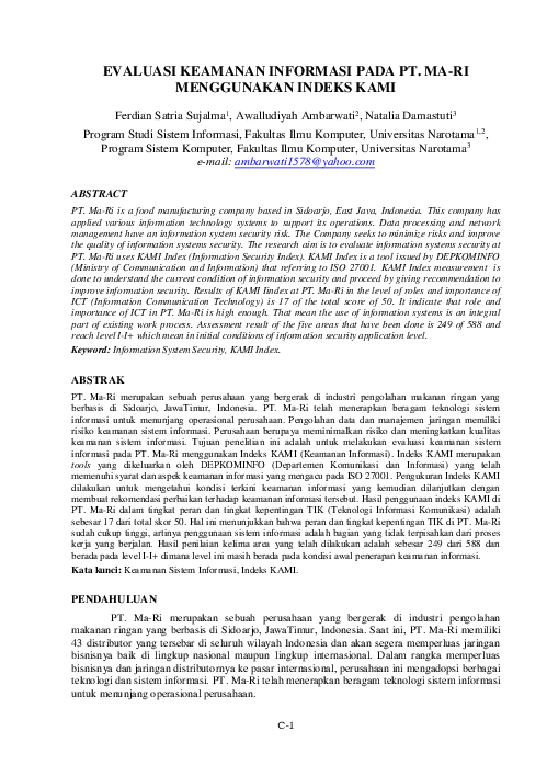 (PDF) EVALUASI KEAMANAN INFORMASI PADA PT. MA-RI MENGGUNAKAN INDEKS KAMI