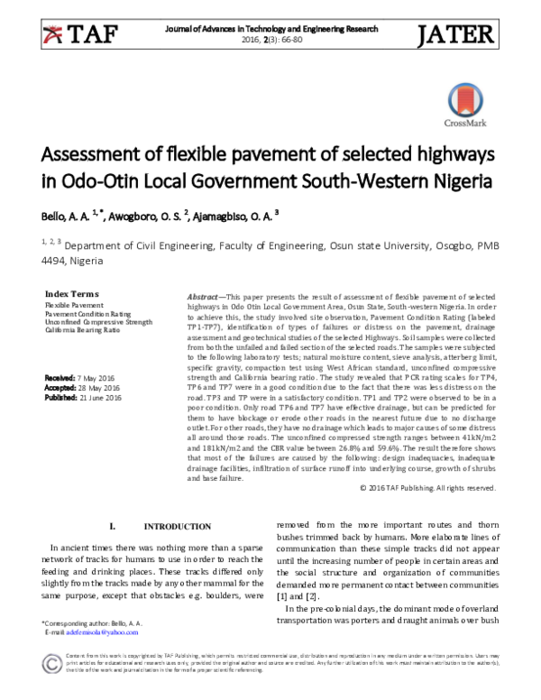 (PDF) Assessment of flexible pavement of selected highways in Odo-Otin ...