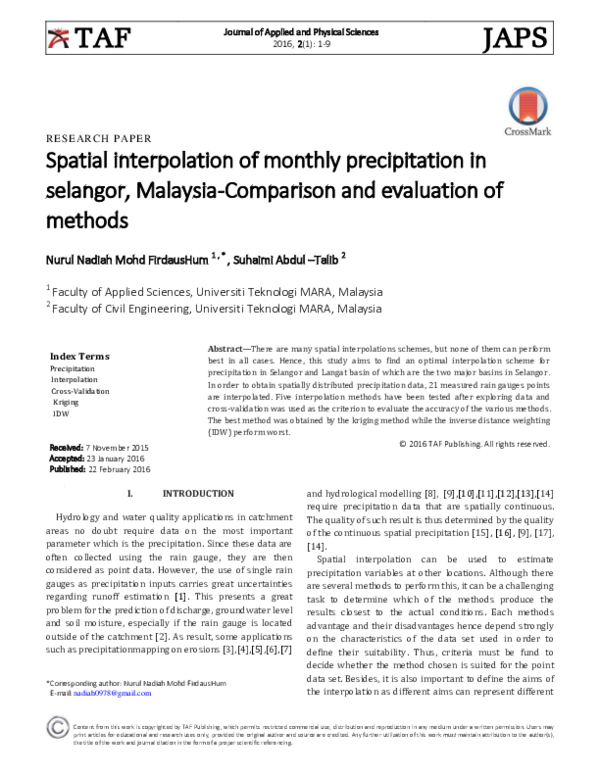 (PDF) Spatial interpolation of monthly precipitation in selangor, Malaysia-Comparison and ...