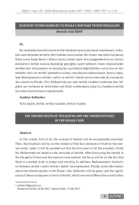 (PDF) Kur’an’ın Tevhid Hakikati ve Risale-i Nur’daki Tevhid Risaleleri