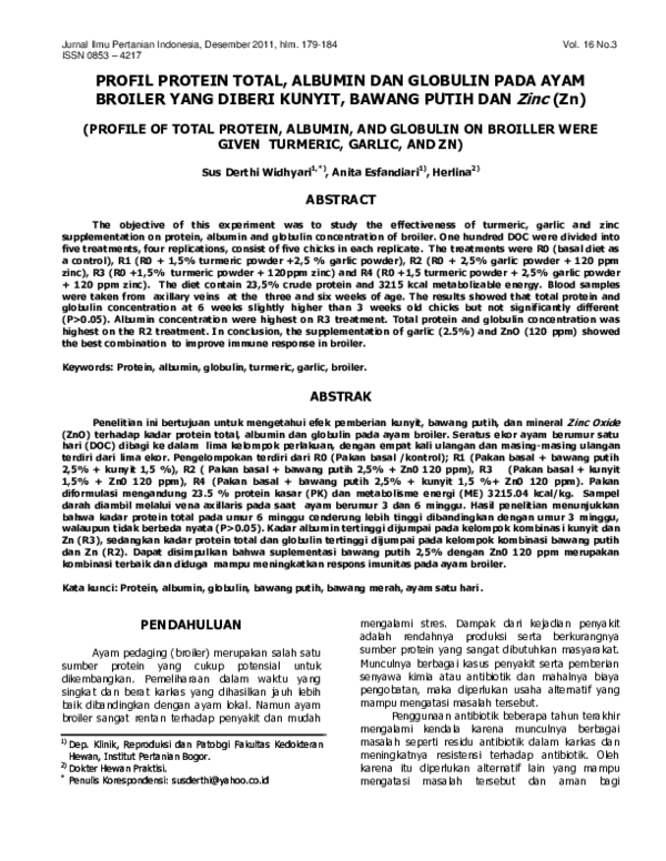 (PDF) PROFIL PROTEIN TOTAL, ALBUMIN DAN GLOBULIN PADA AYAM BROILER YANG ...
