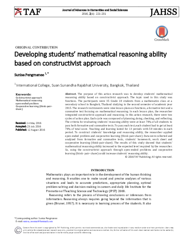 (PDF) Developing students’ mathematical reasoning ability based on constructivist approach