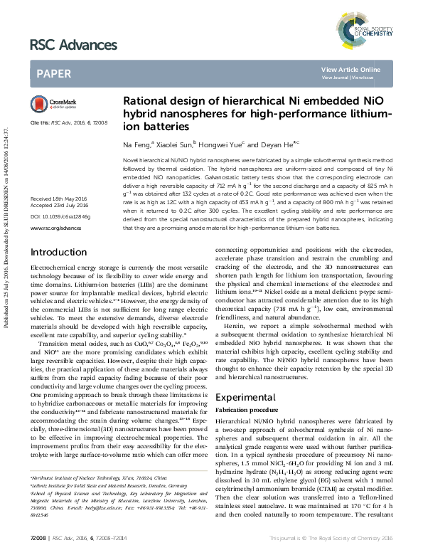 (PDF) Rational design of hierarchical Ni embedded NiO hybrid nanospheres for high-performance ...