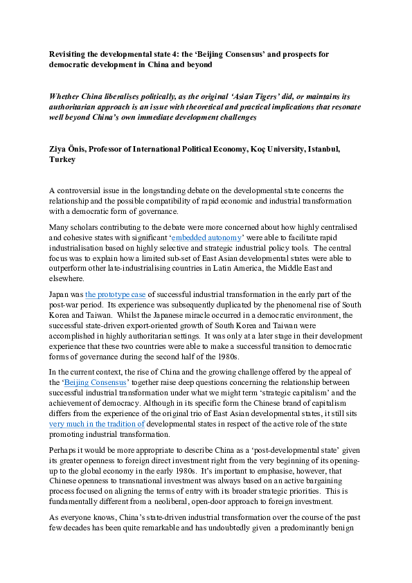 (PDF) Revisiting the developmental state 4: the 'Beijing Consensus' and ...