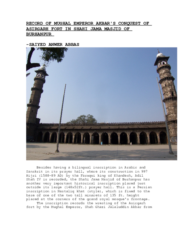 (DOC) Mughal Emperor Akbar's inscription of wresting Asirgarh fort in ...