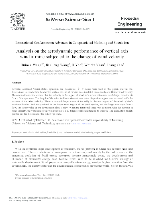 (PDF) Analysis on the aerodynamic performance of vertical axis wind turbine subjected to the ...