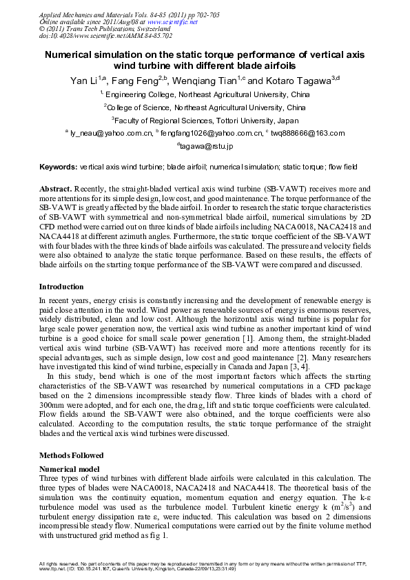 (PDF) Numerical simulation on the static torque performance of vertical axis wind turbine with ...