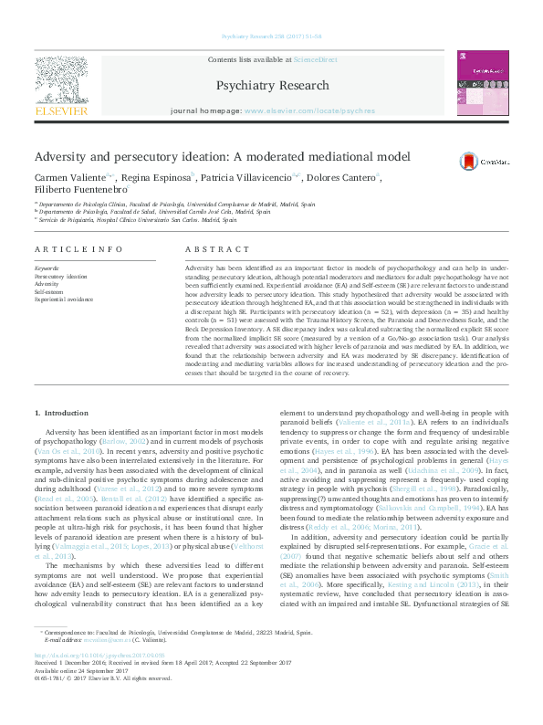(PDF) Adversity and persecutory ideation: A moderated mediational model