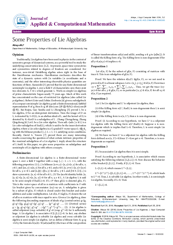 (PDF) Some Properties of Lie Algebras