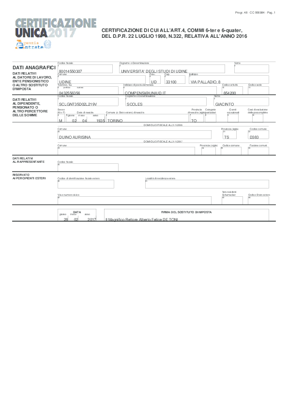 (PDF) DATI RELATIVI AL DATORE DI LAVORO, ENTE PENSIONISTICO O ALTRO ...