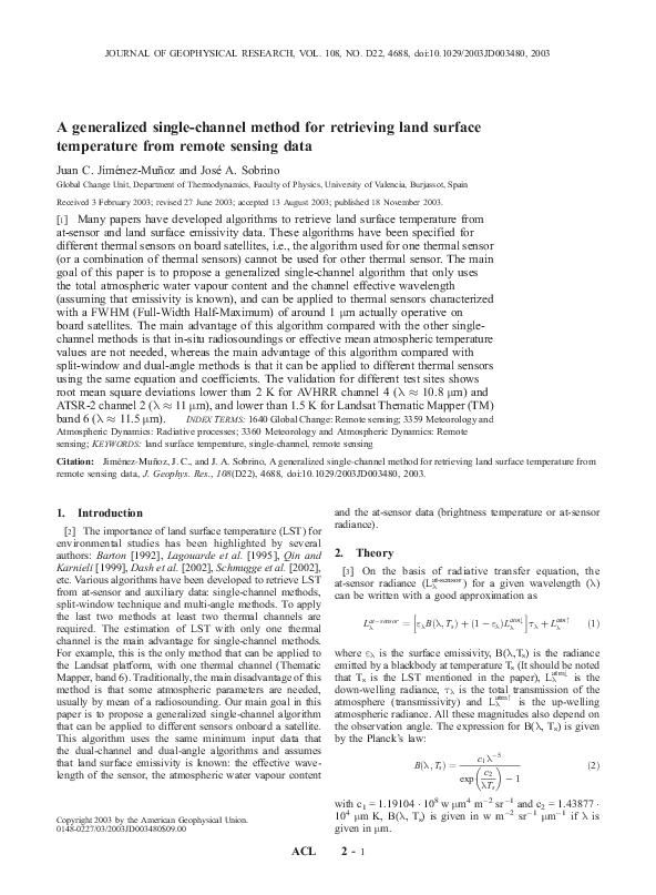 (PDF) A generalized single-channel method for retrieving land surface temperature from remote ...