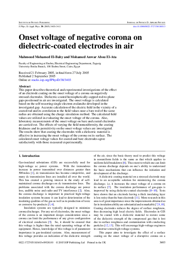 (PDF) Onset voltage of negative corona on dielectric-coated electrodes ...