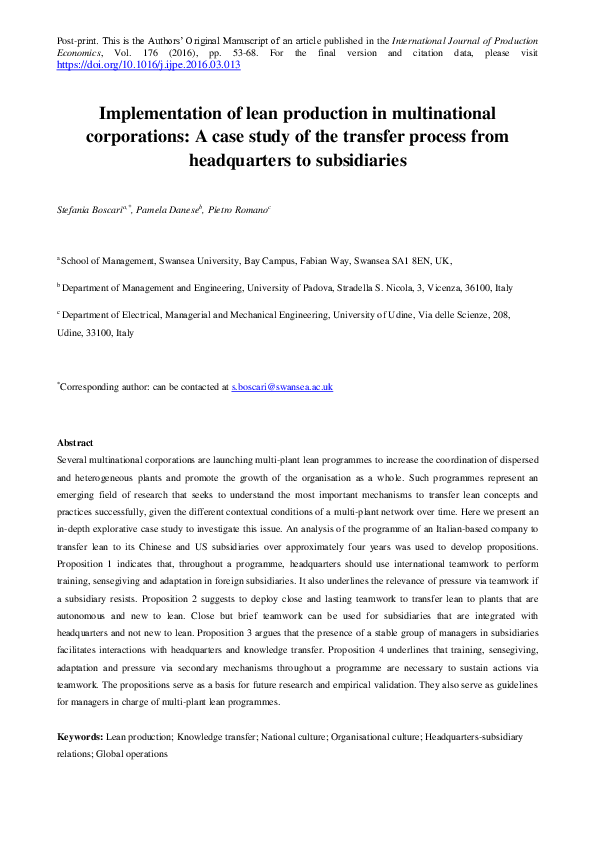 (PDF) Implementation of lean production in multinational corporations ...