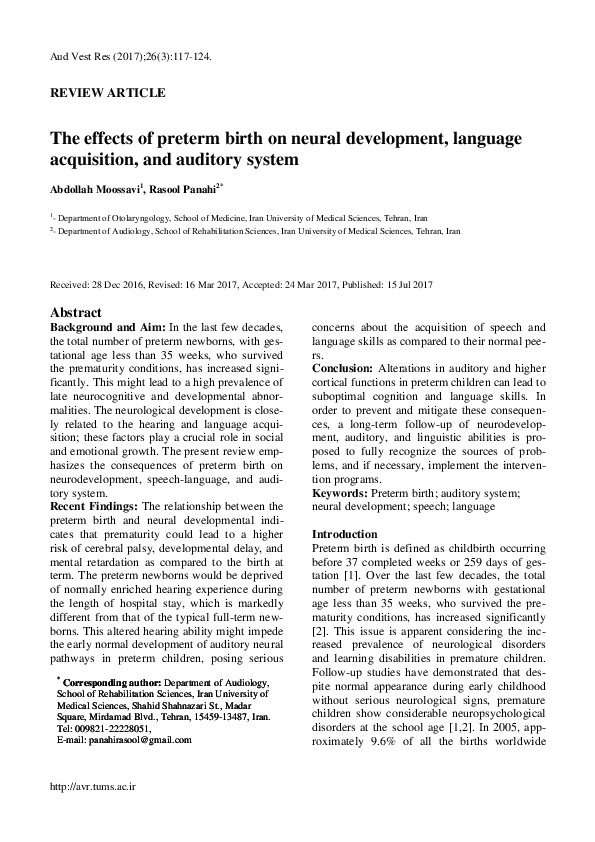 (PDF) The effects of preterm birth on neural development, language ...