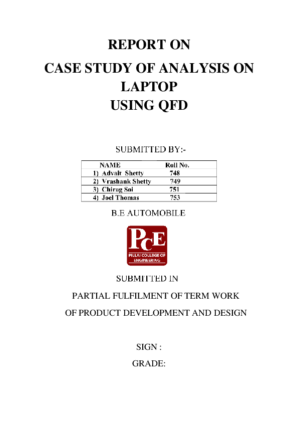 (DOC) REPORT ON CASE STUDY OF ANALYSIS ON LAPTOP USING QFD